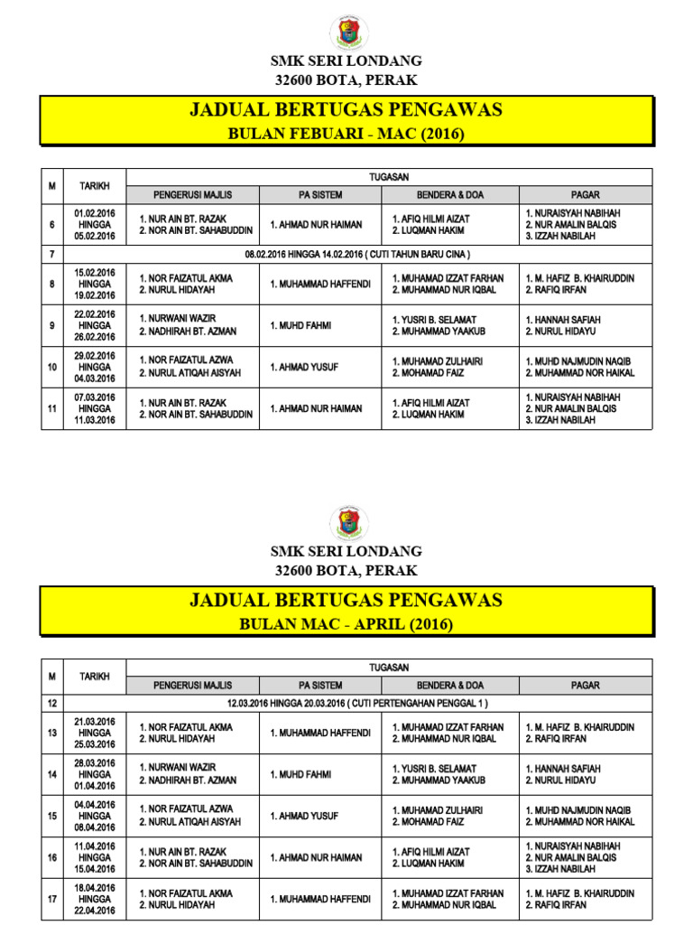 Jadual Bertugas Pengawas Febuari 2016 | PDF