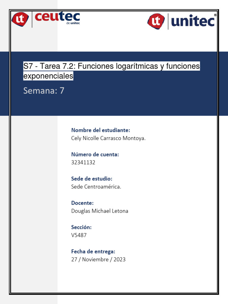 S7 - Tarea 7.2 Funciones Logarítmicas y Funciones Exponenciales | PDF