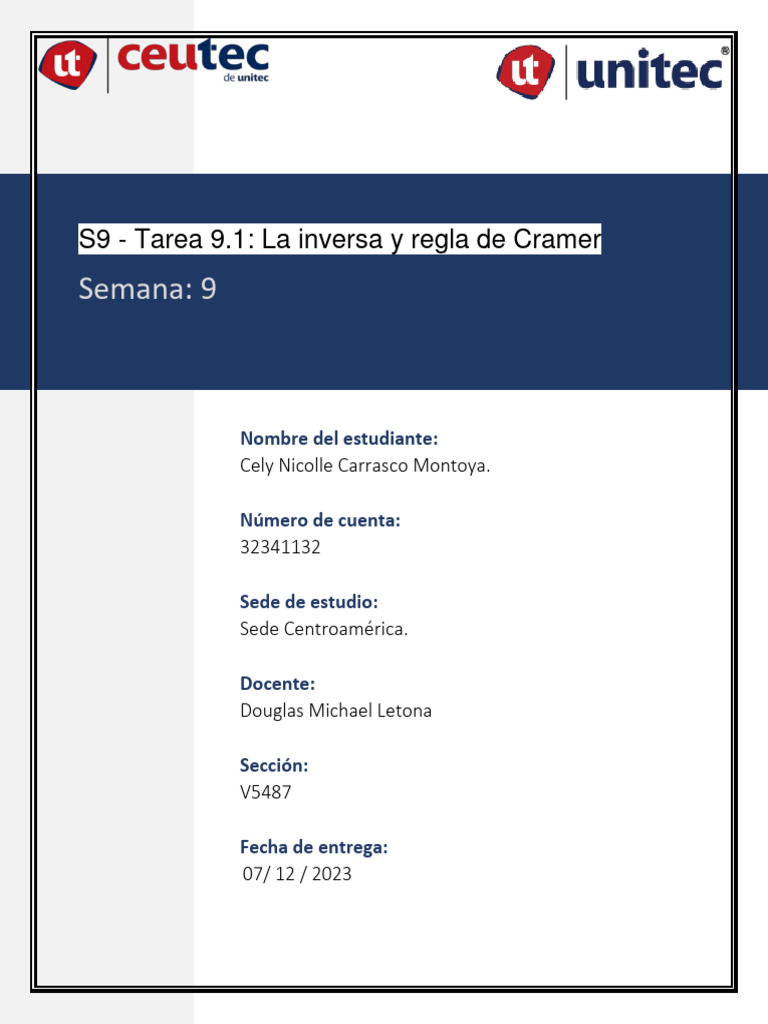 S9 - Tarea 9.1 La Inversa y Regla de Cramer | PDF