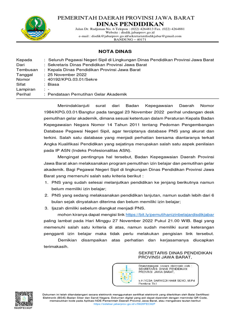 Nota Dinas Pendataan Pemutihan Gelar Akademik 26112022 222715 Signed | PDF