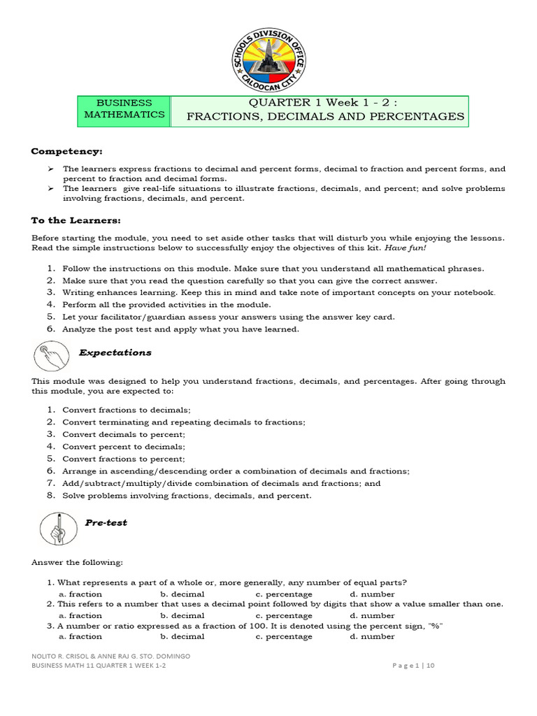 Business Math Weeks 1 To 2 | PDF | Division (Mathematics) | Percentage