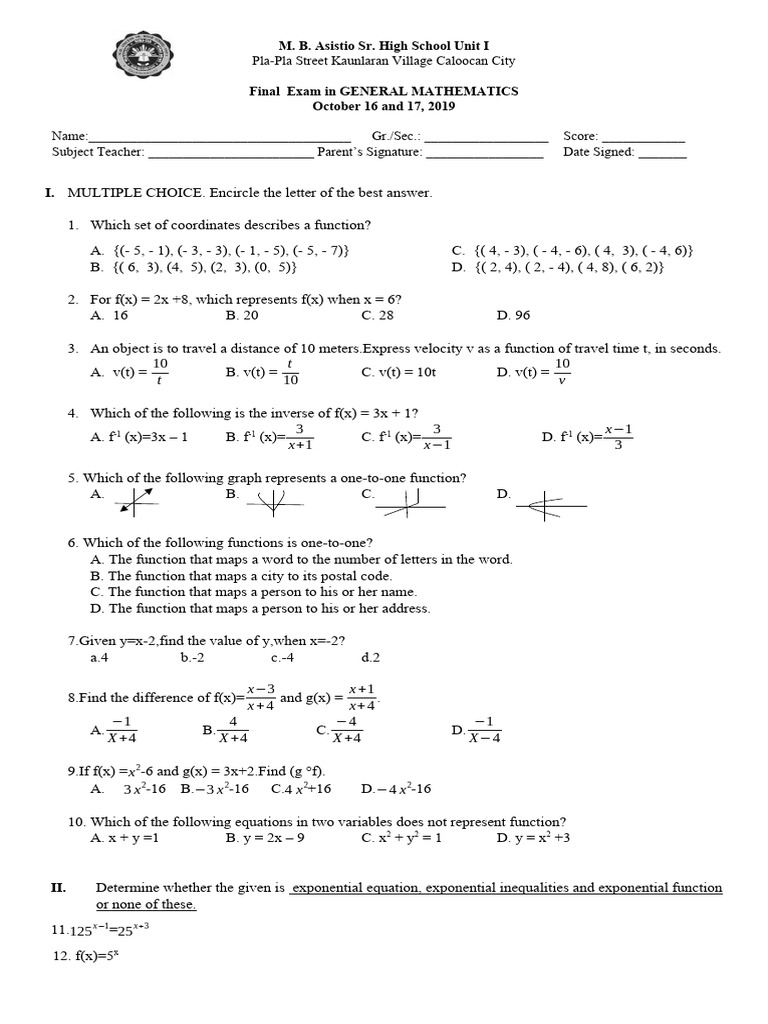 General Mathematics Final Exam 2019 | PDF | Exponential Function ...