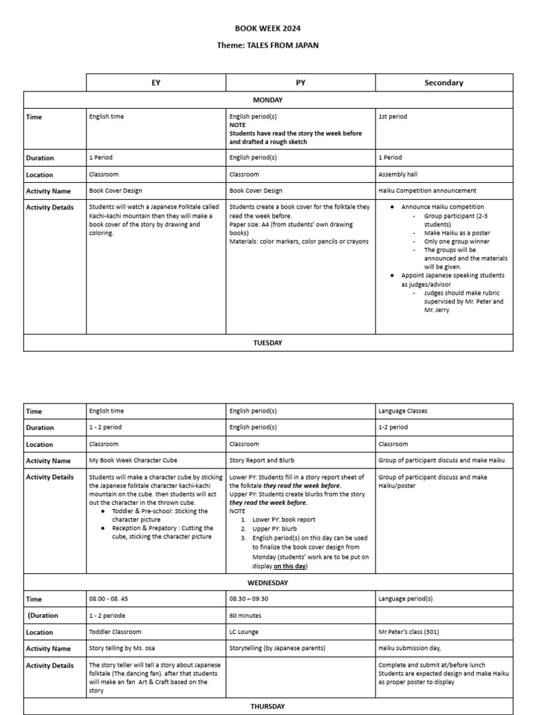 Book Week 2024 Full Rundown & Activity | PDF