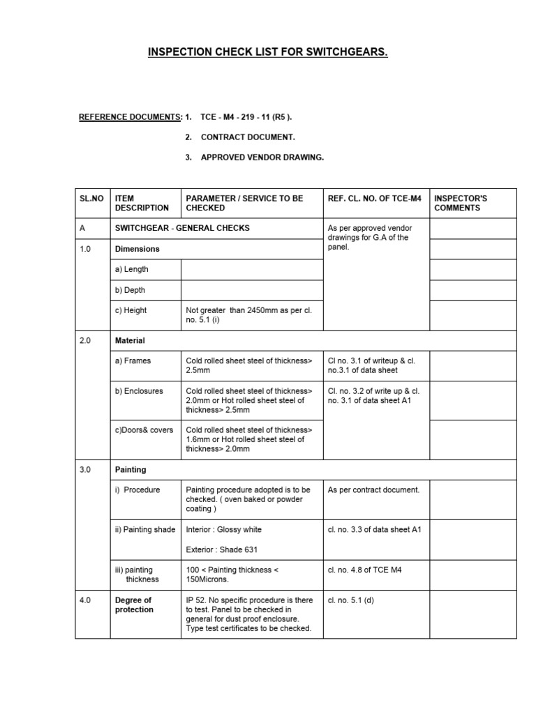Inspection Check List For SWGR | PDF | Industrial Processes | Secondary ...