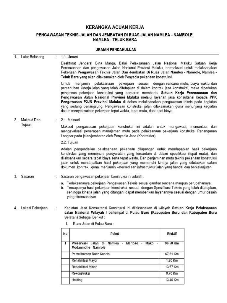Kak Pengawasan Teknis Jalan Dan Jembatan Di Ruas Jalan Namlea Namrole Namlea Teluk Bara | PDF