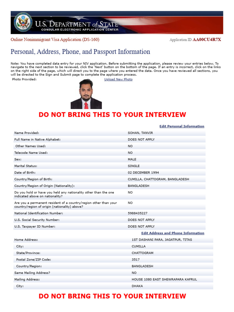 Non-Immigrant Visa - Review Personal, Address, Phone, and Passport Information | PDF | Zip Code ...