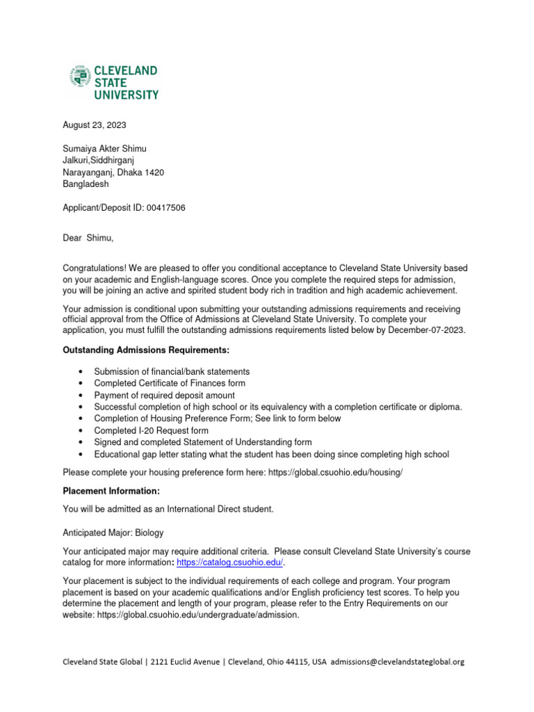 Conditional Offer Letter_COL__Sumaiya Akter--Shimu_2023-08-23 | PDF | Payments | Fee