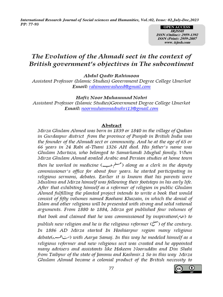 The Evolution of The Ahmadi Sect in The Context of British Government's ...