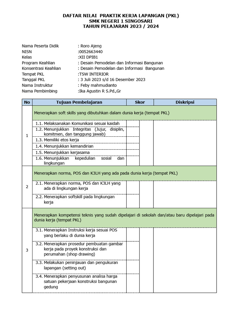 Daftar Nilai Praktik Kerja Lapangan Dpib | PDF | Bisnis | Seni