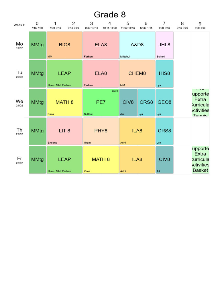 Timetable - Grade 8 | PDF