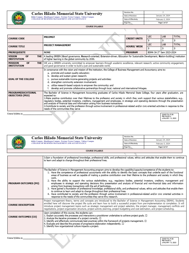 Syllabus in Project MGMT Bsma 3a 2nd Sem 2022 2023 New Copy From Sir James 3-23-23 | PDF ...