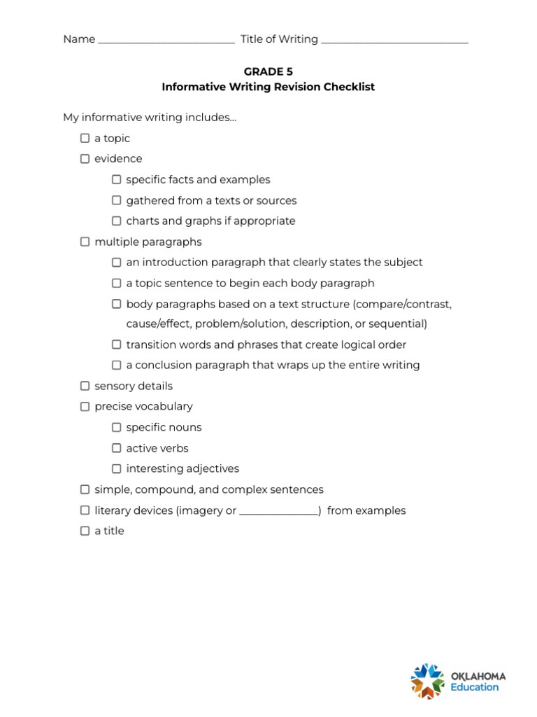 Grade 5 Informative Writing Revision Checklist | PDF