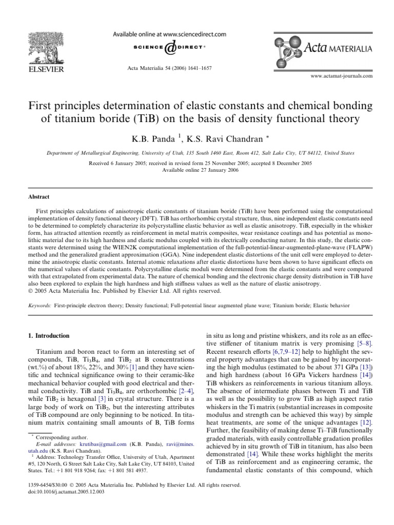 First Principles Determination of Elastic Constants and Chemical Bonding of Titanium Boride (TiB ...