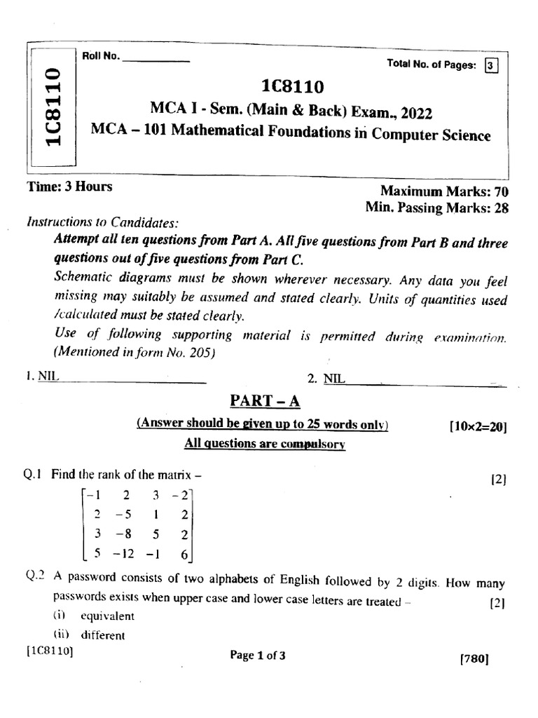 Mca 1 Sem Mathematical Foundations in Computer Science 1c8110 2022 | PDF