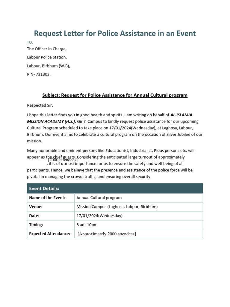 Request Letter For Police Assistance in An Event by Ujjal | PDF | Travel | Religion & Spirituality
