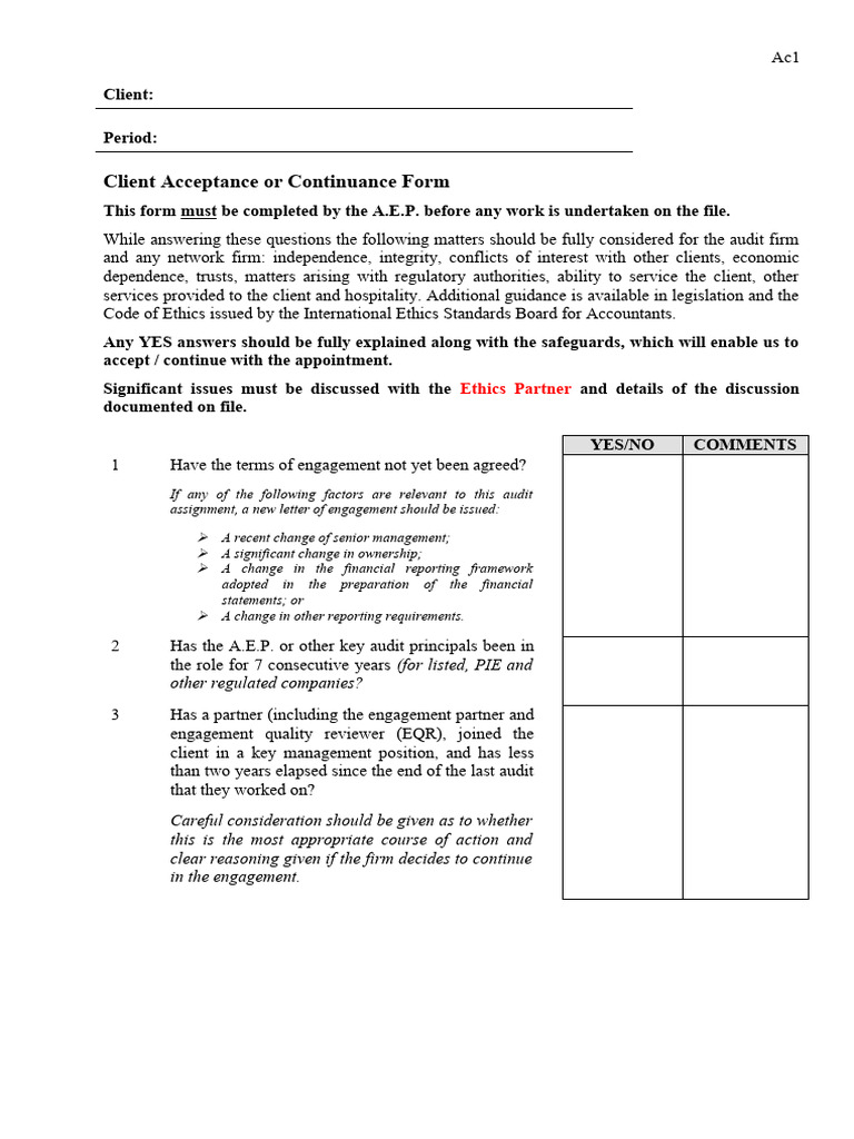 Client Acceptance Checklist Form | PDF | Audit | Auditor's Report