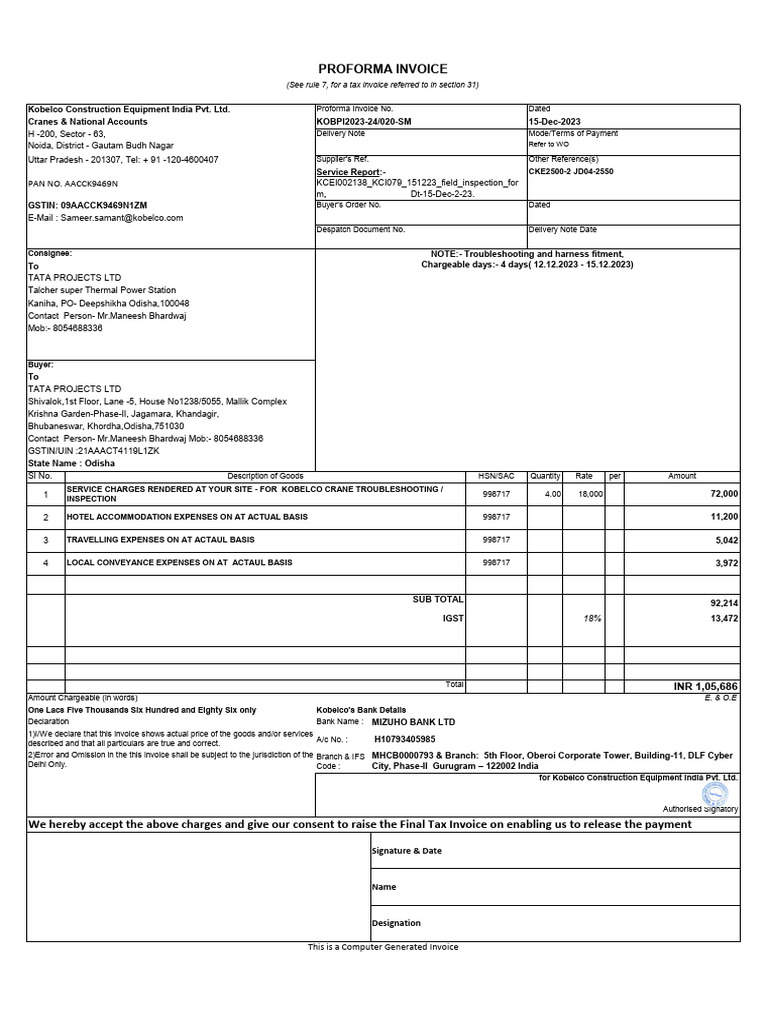Service Proforma Invoice - ACCEPTANCE Tata Projects-020 | PDF | Invoice ...
