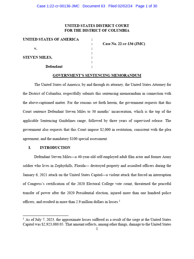 Sentencing Memorandum for Steven Miles | PDF | United States Federal ...