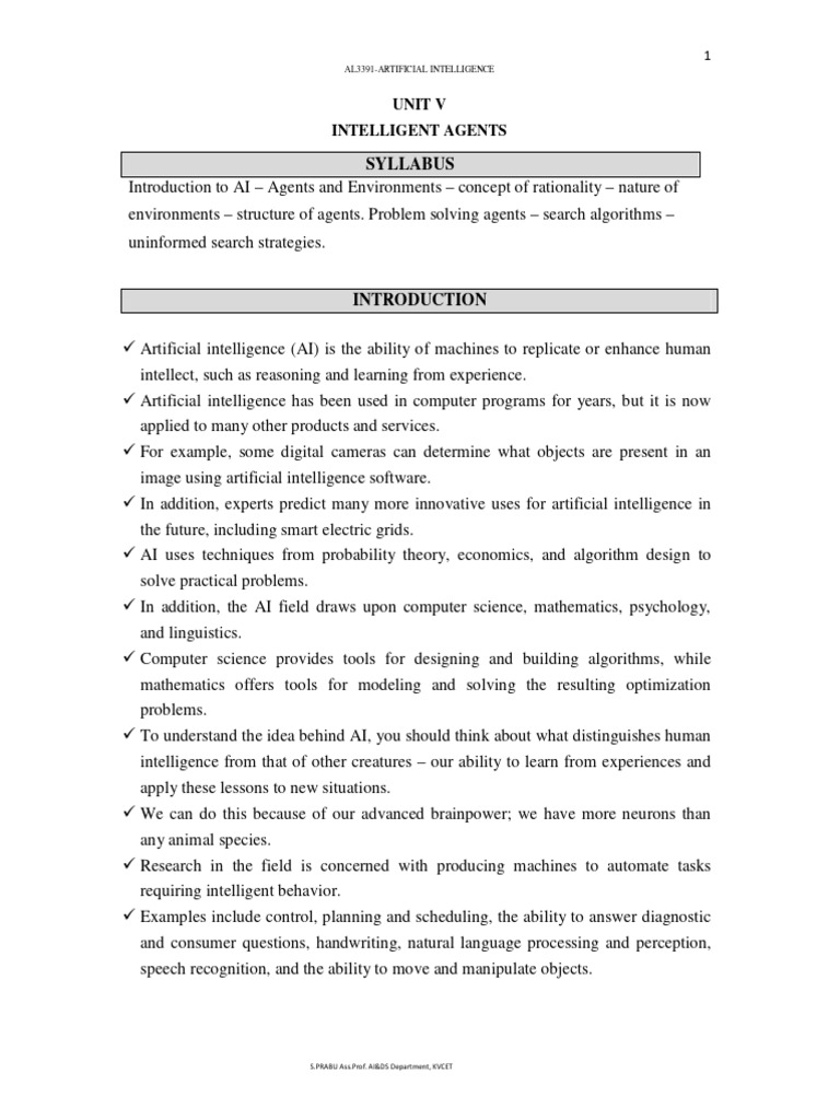 Ai Unit 1 | PDF | Artificial Intelligence | Intelligence (AI) & Semantics