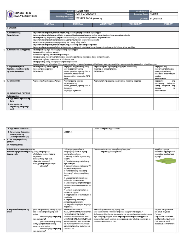 DLL_FILIPINO 6_Q3_W2 | PDF