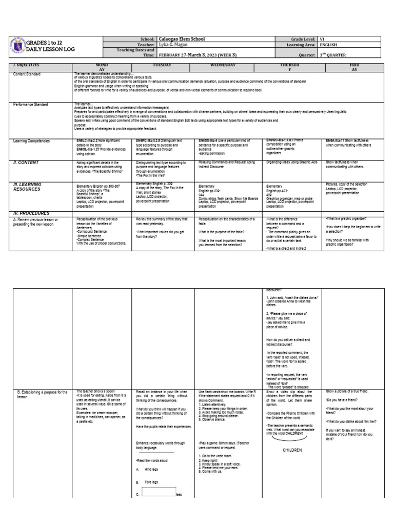 DLL - English 6 - Q3 - W2 | PDF | Communication | Learning