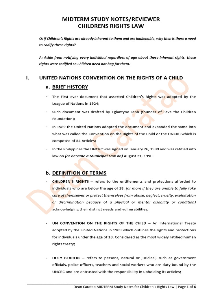 Midterm Study Notes | PDF | Children's Rights | Convention On The ...