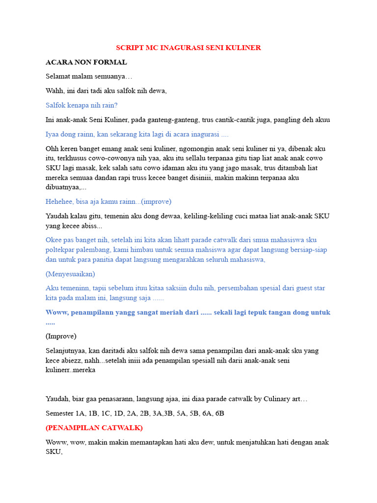 Script MC Inagurasi Seni Kuliner | PDF