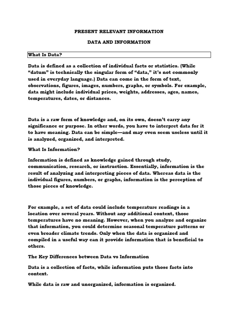 Present Relevant Information | PDF | Data | Information