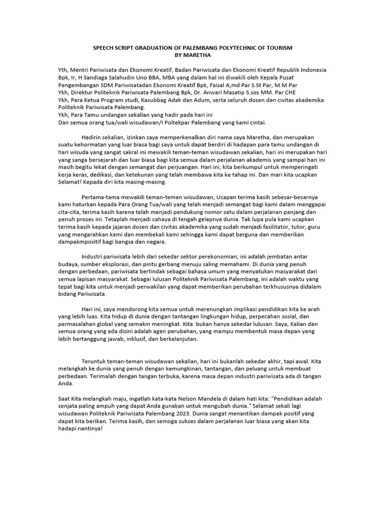 Speech Script Graduation Kak Maretha | PDF