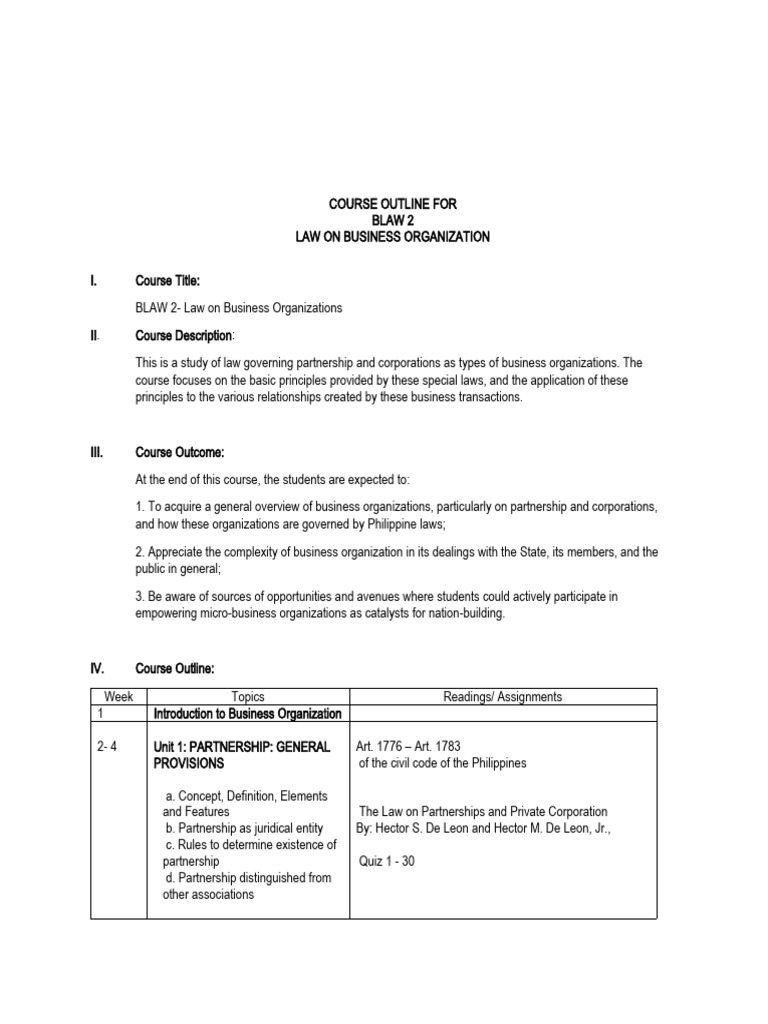 COURSE OUTLINE FOR Partnership and Corporations Sample | PDF ...