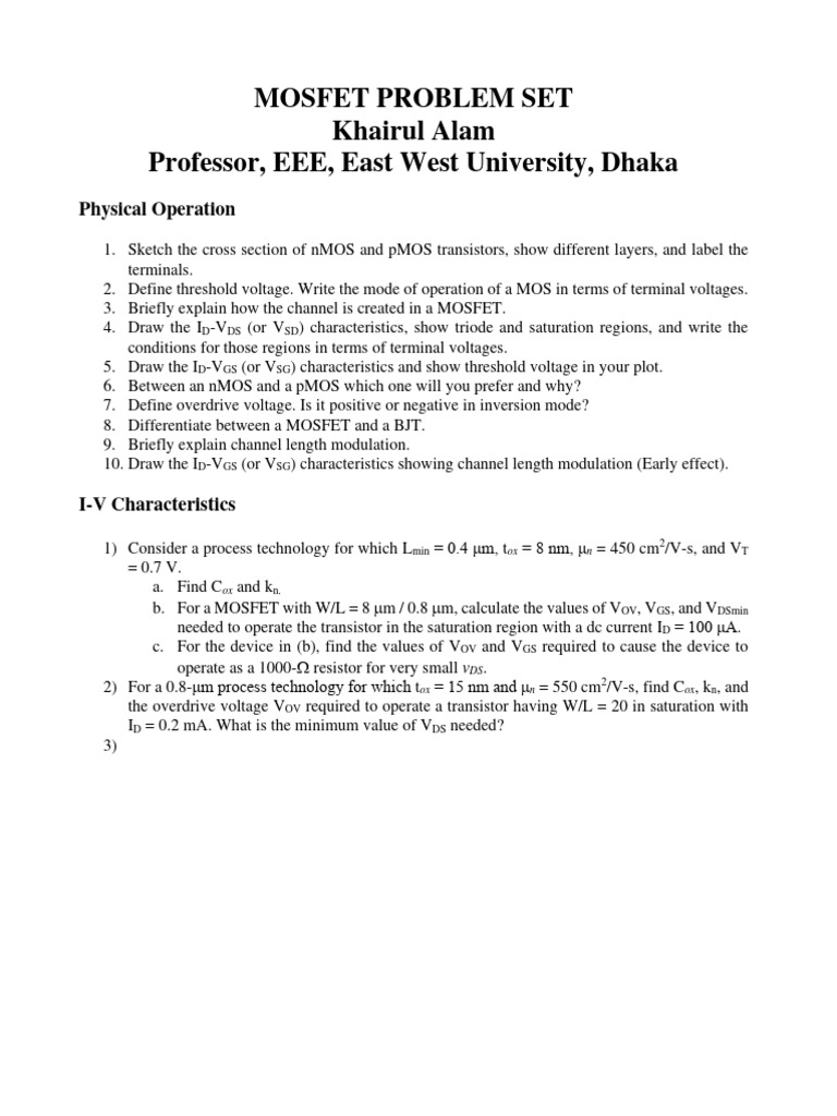MOSFET Problem Set and Solutions | PDF