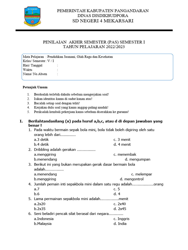 Soal PAS PJOK Kelas 5 | PDF
