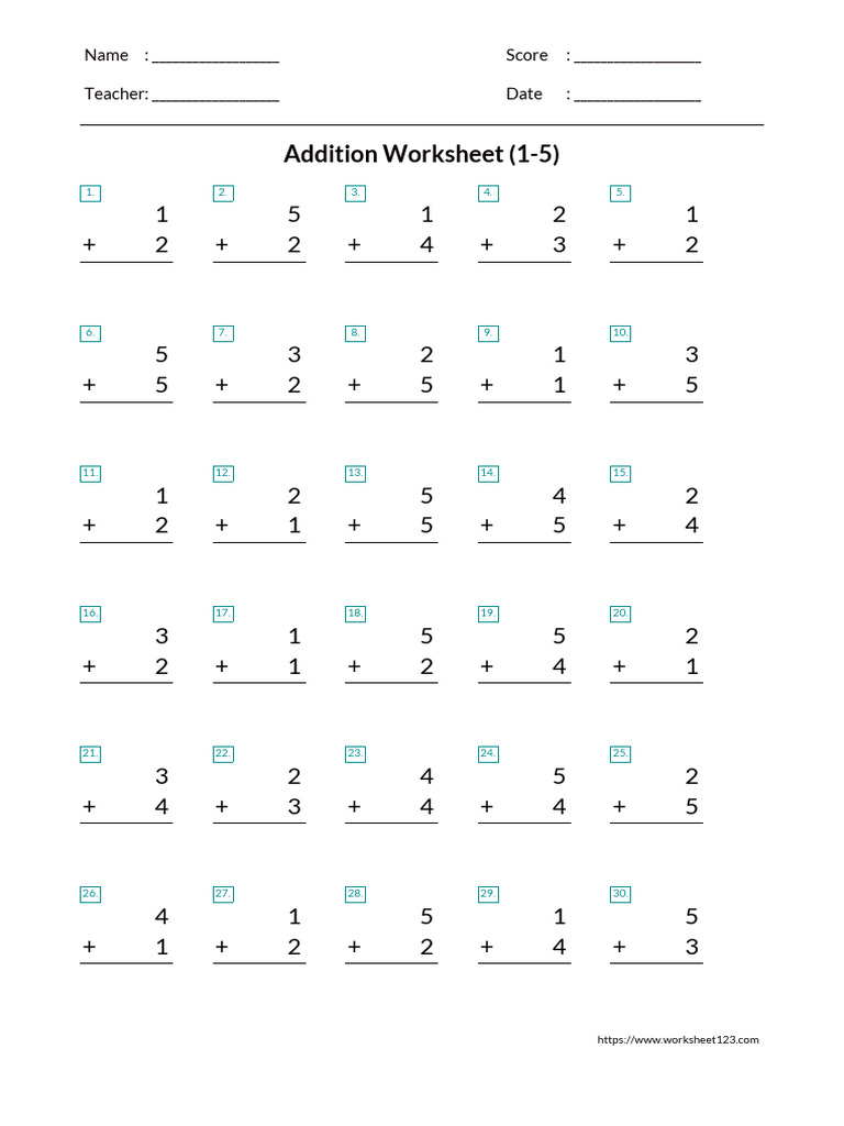 Addition Worksheet for Grades 1-5 | PDF