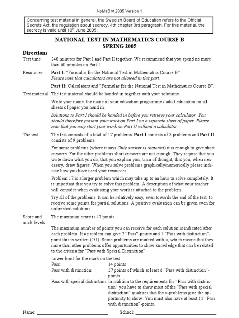 National Test in Mathematics Course B SPRING 2005 Directions | PDF ...