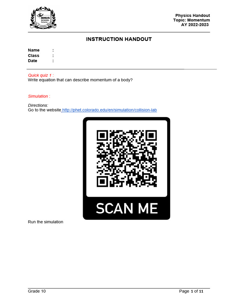 Momentum Physics Handout for Grade 10 | PDF | Collision | Momentum
