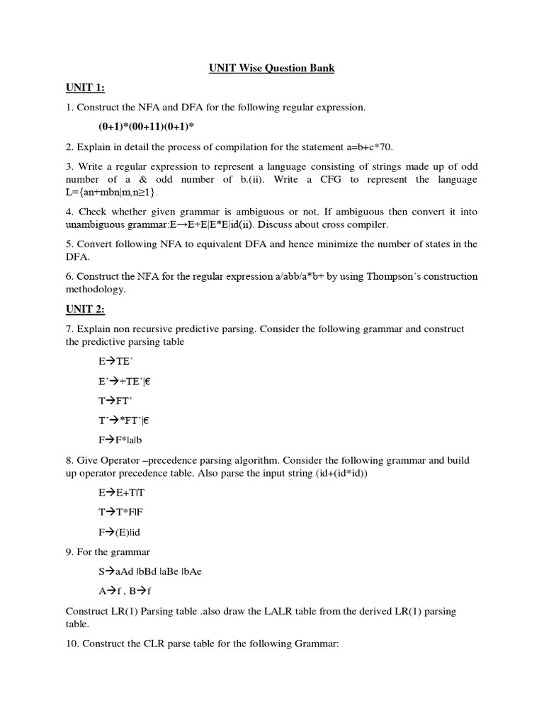 UNIT Wise Question Bank | PDF | Parsing | String (Computer Science)