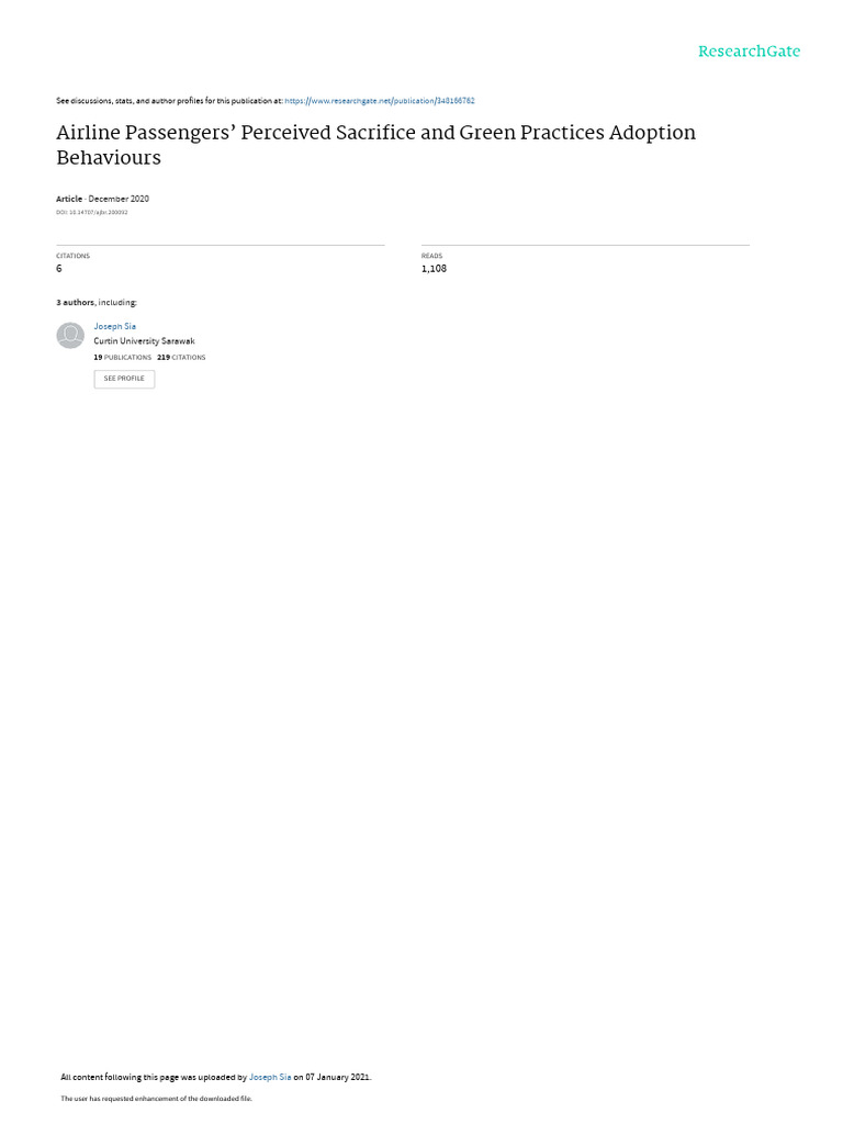 Airline Passengers Perceived Sacrificeand Green Practices | PDF | Behavior