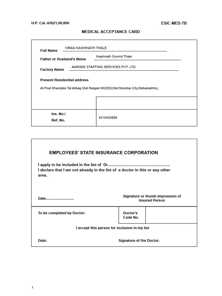 Medical Acceptance Card | PDF