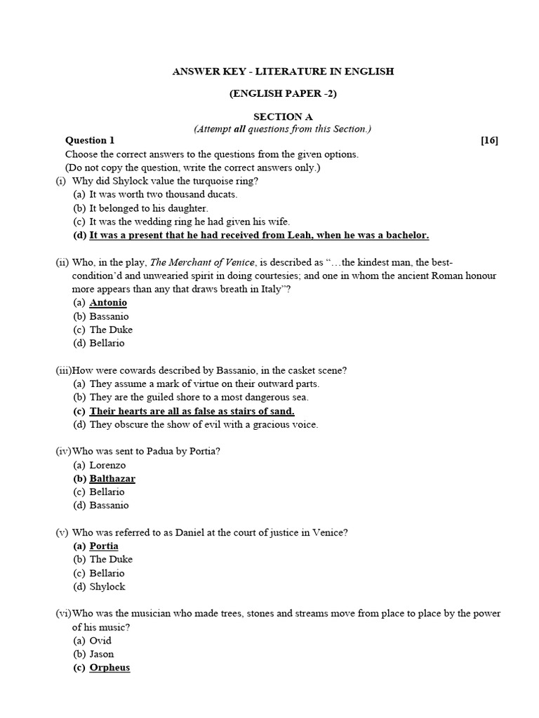 Answer Key- KISA English Literature Paper | PDF
