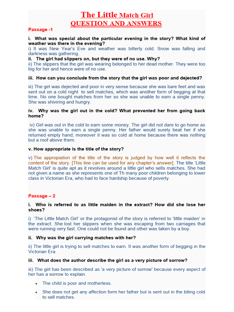 The Little Match Girl: Summary & Q&A | PDF | Love