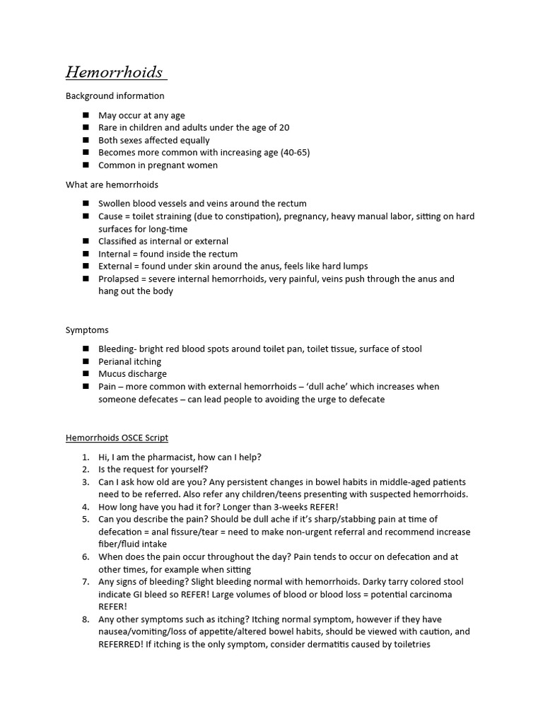 Hemorrhoids and IBS OSCE Notes | PDF | Hemorrhoid | Constipation