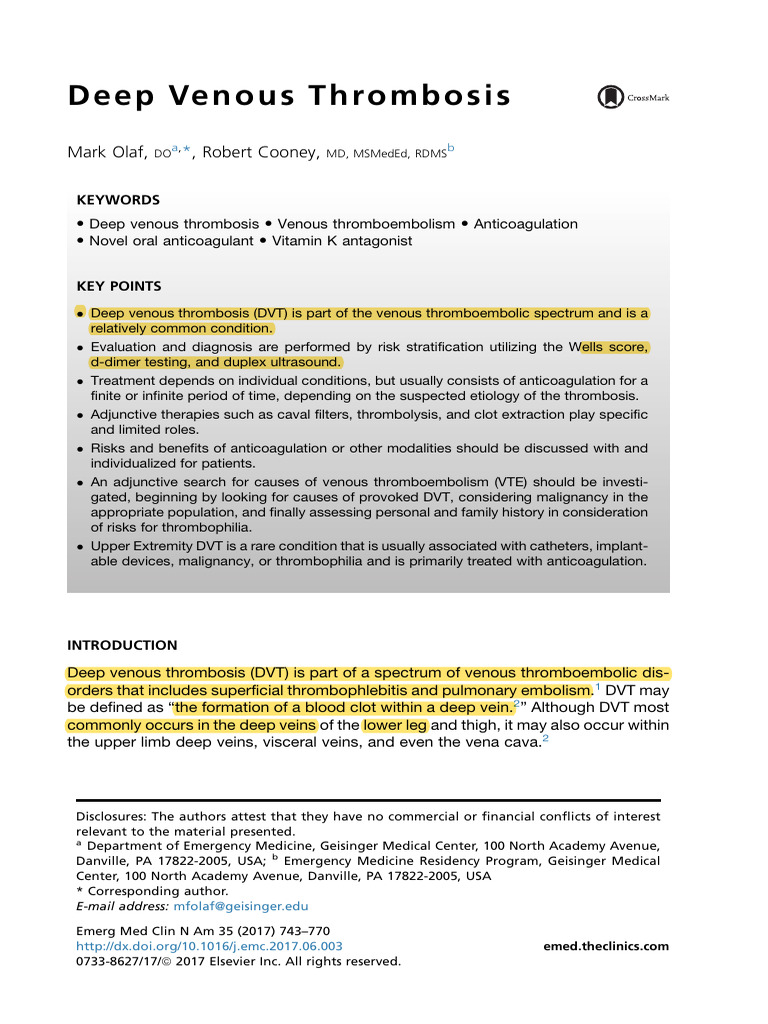 Deep Venous Thrombosis | Download Free PDF | Thrombosis | Vein