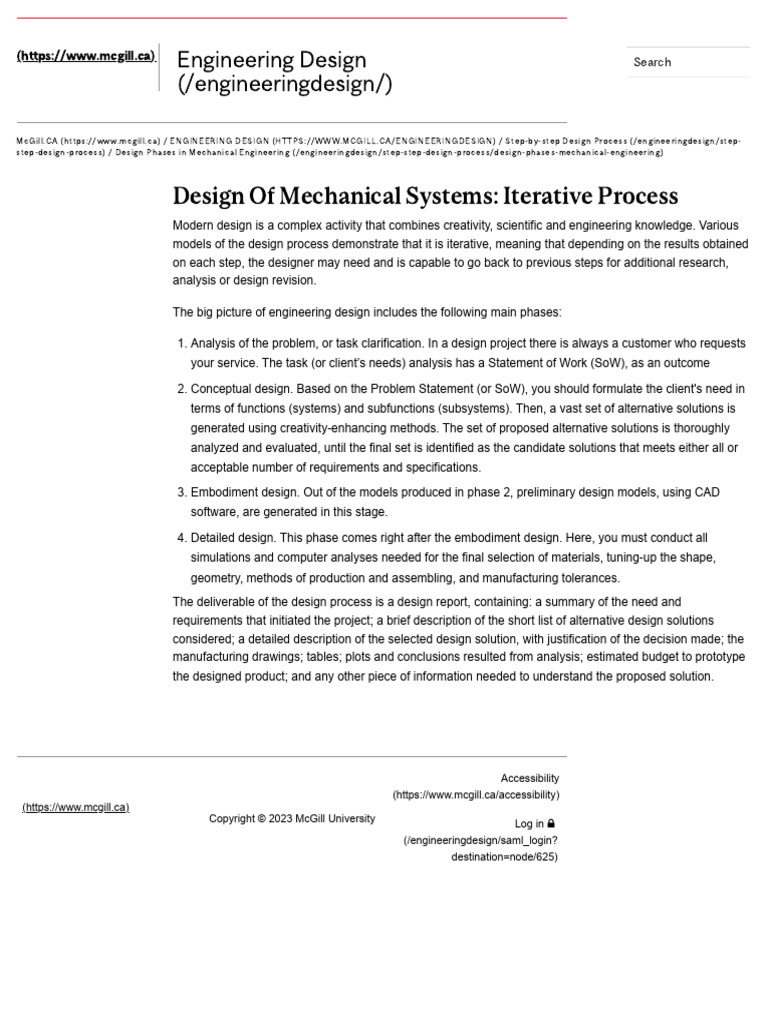 Design of Mechanical Systems - Iterative Process - Engineering Design - McGill University | PDF ...