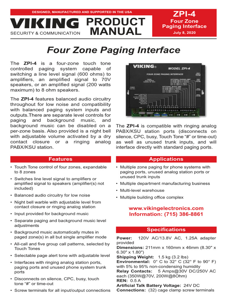 ZPI-4 Paging Interface, 4 Zones | PDF | Amplifier | Loudspeaker ZPI-4 Paging Interface, 4 Zones | PDF | Amplifier | Loudspeaker