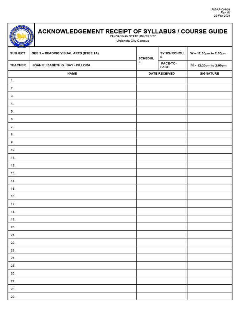 04 Acknowledgement Receipt of Syllabi by Student Rev.1 (Course-Yr-Sec) | PDF | Written Communication