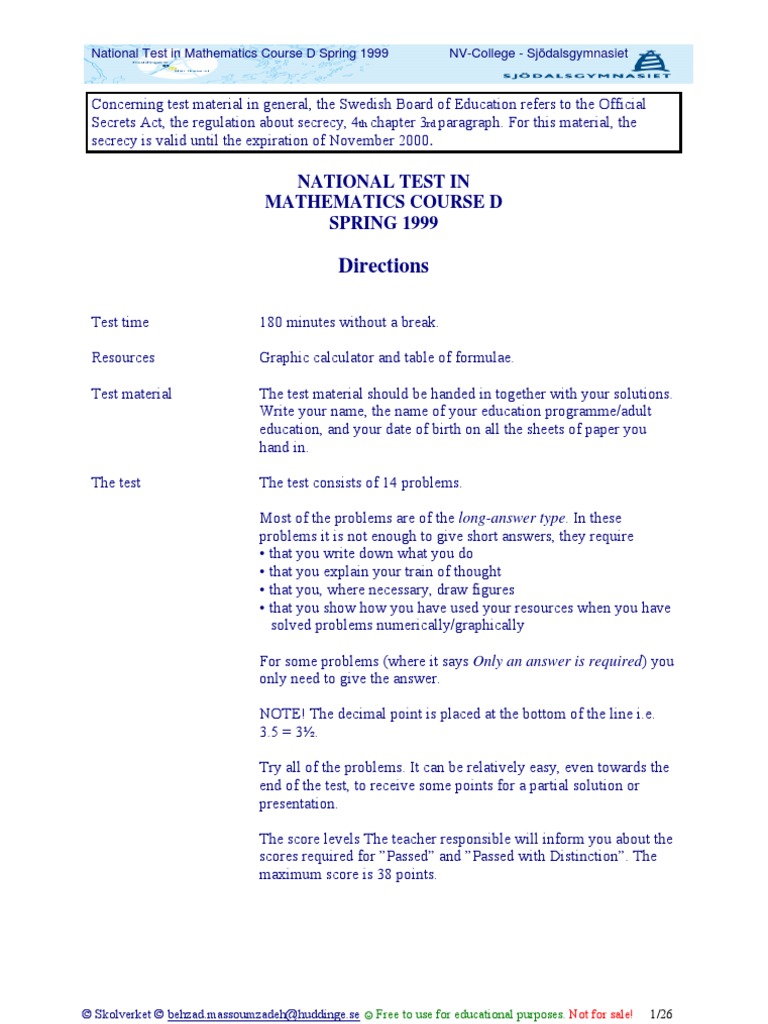 Directions: National Test in Mathematics Course D SPRING 1999 | PDF ...