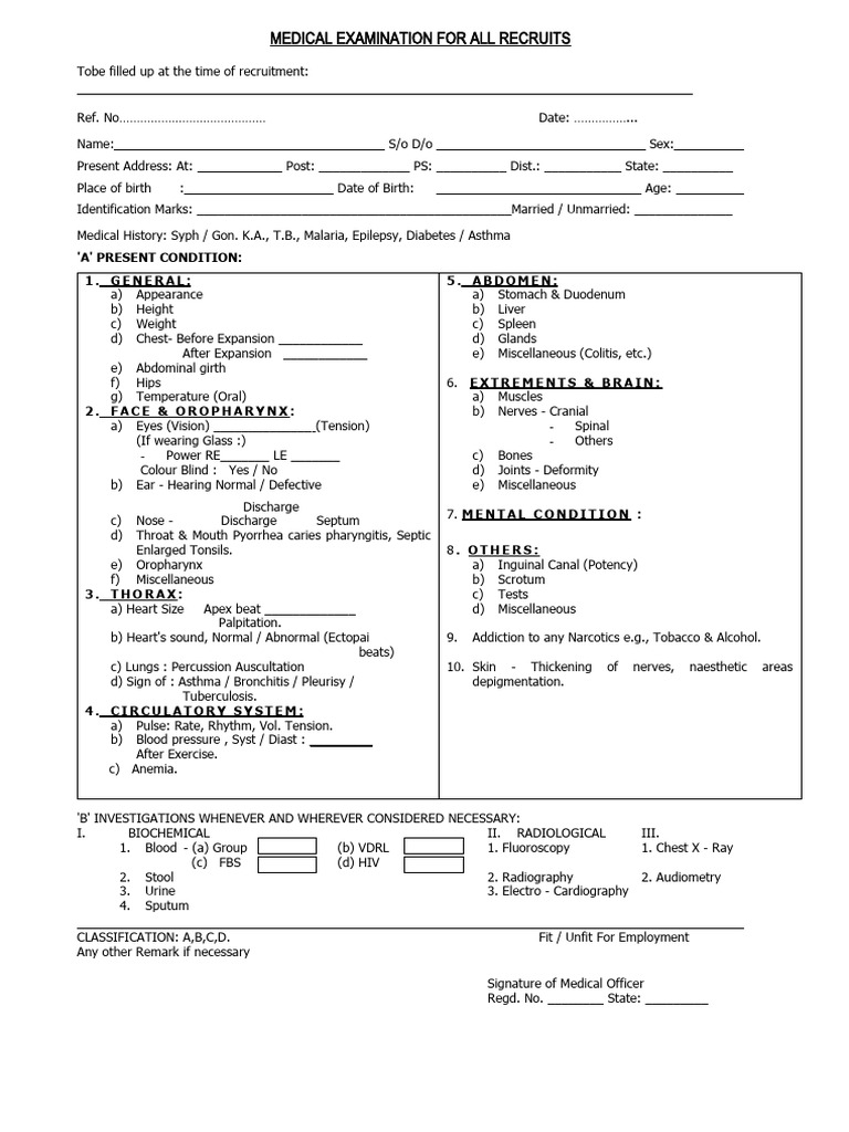 GPL Pre Employment Medical Examination Form - Draft - 08.09.2018 | PDF ...