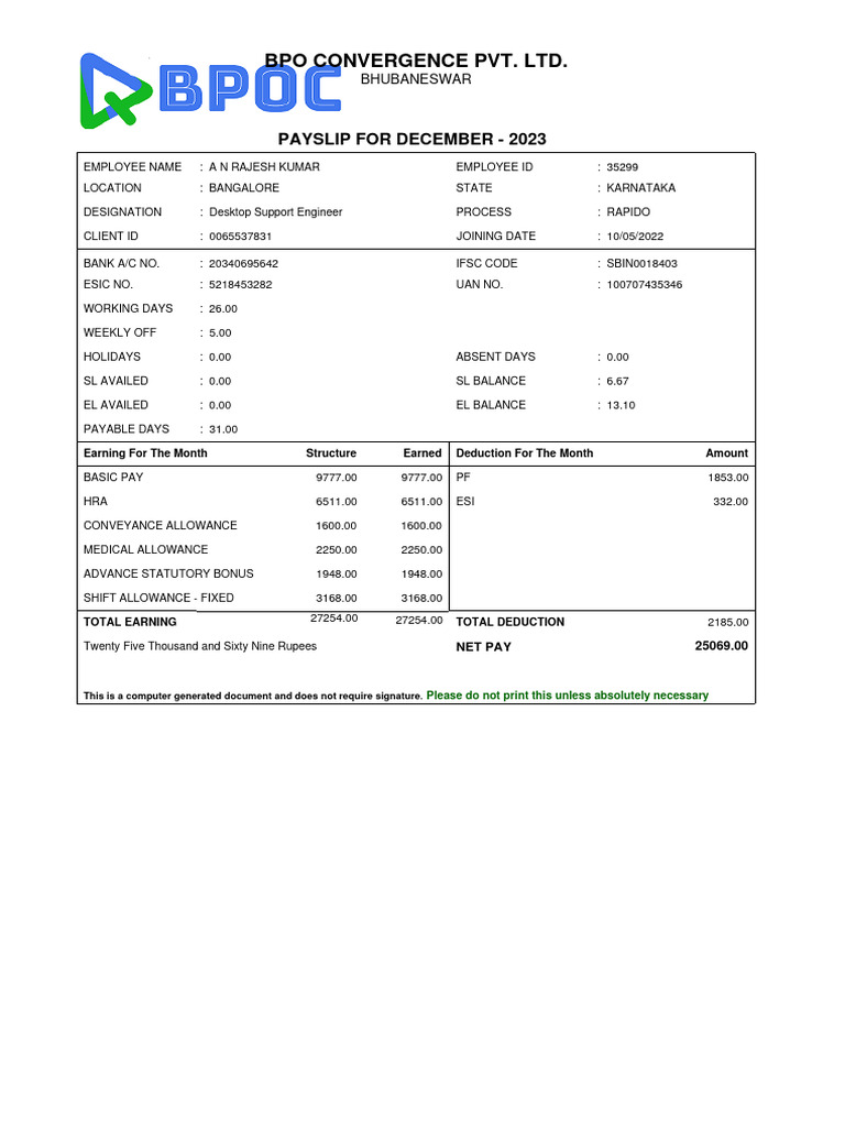 A N Rajesh Kumar Payslip For December - 2023 | PDF | Finance & Money ...