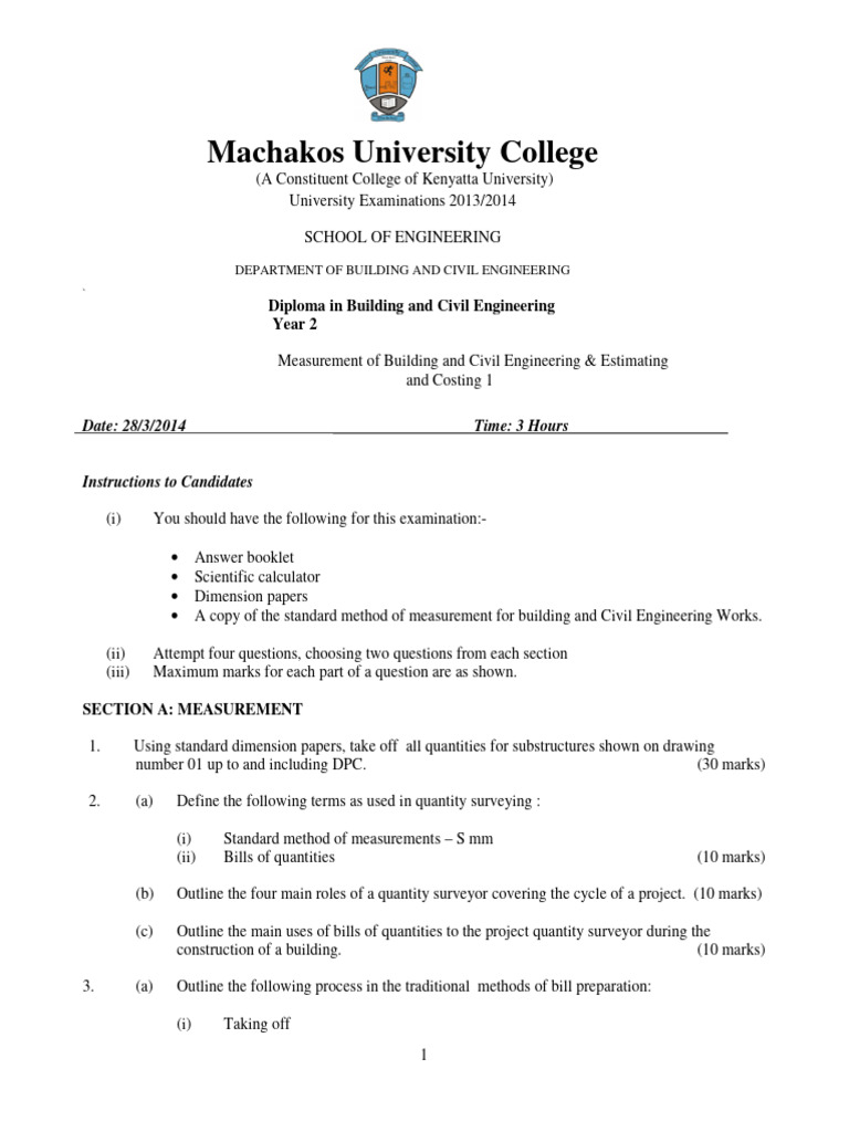 Diploma in Building Module Ii Measurement of Bulding | PDF ...