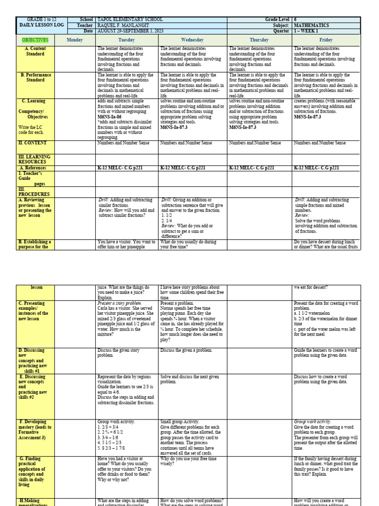 Week1 DLL Math | PDF | Learning | Lunch